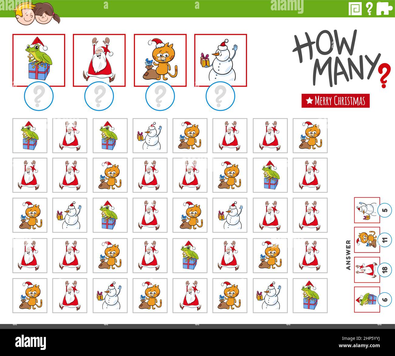 how many cartoon Christmas characters counting game Stock Vector Image ...