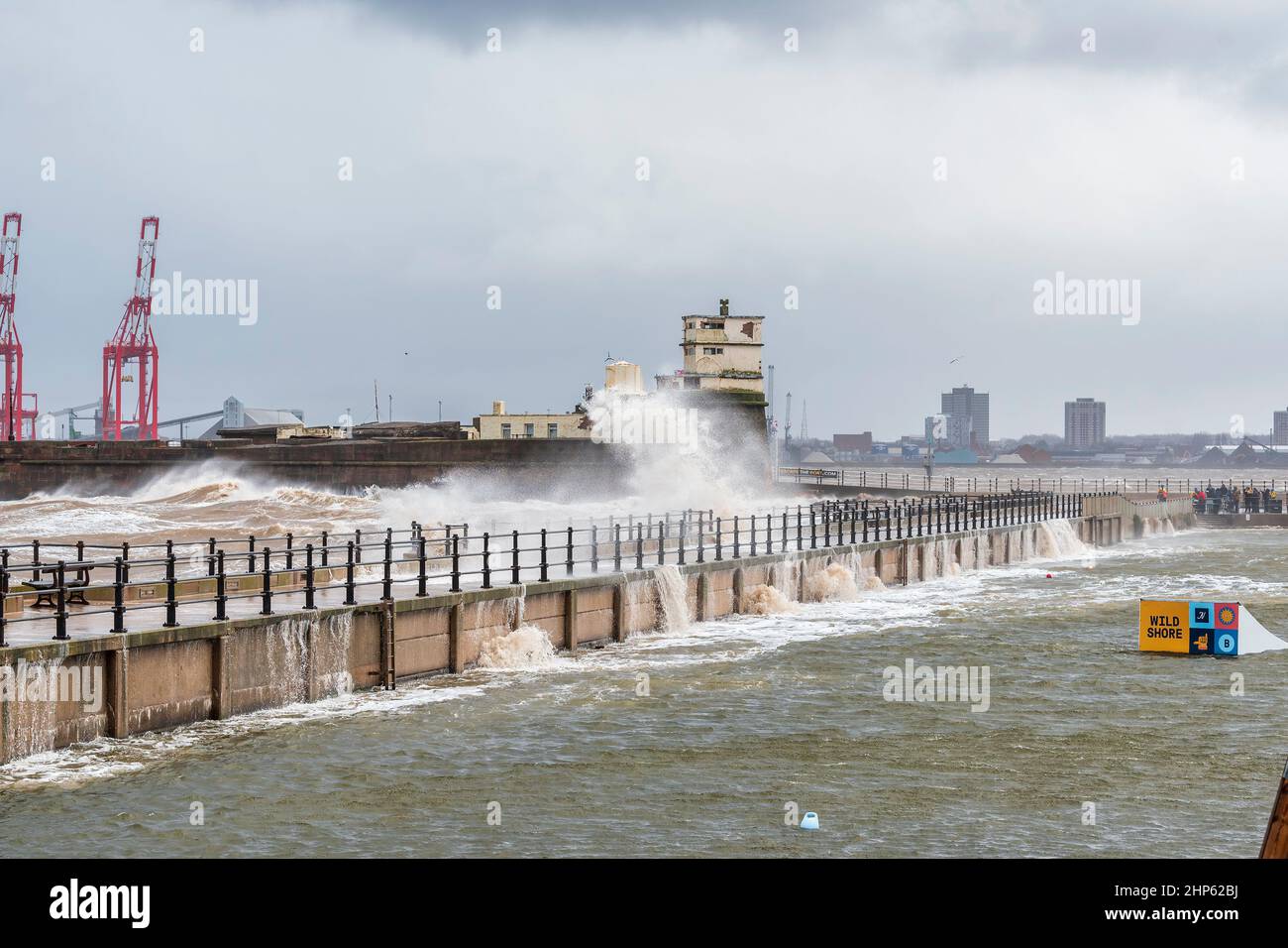 Liverpool, UK. 18th Feb, 2022. Waves created by high winds and spring ...