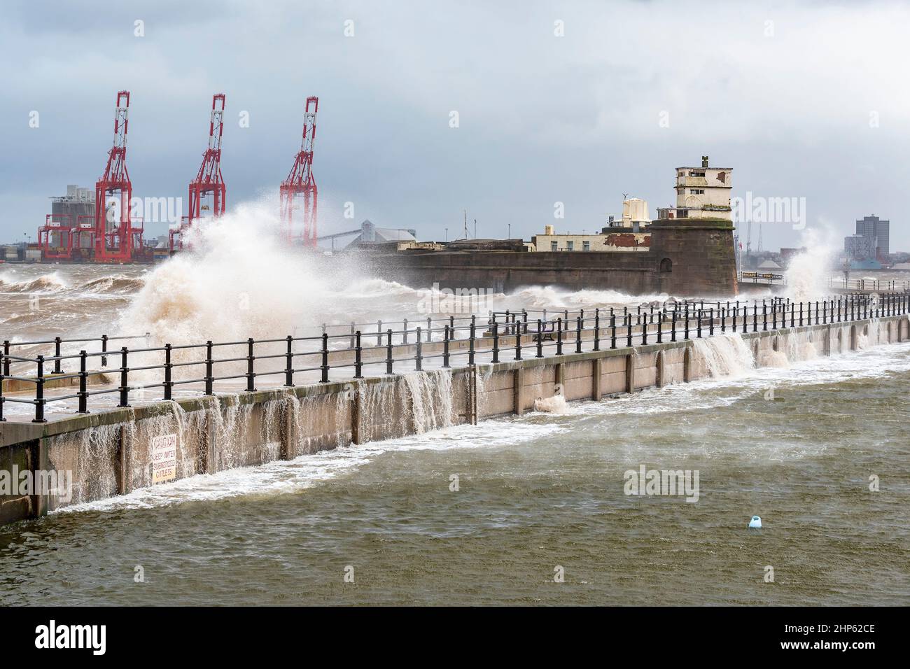 Liverpool, UK. 18th Feb, 2022. Large waves created by high winds and ...