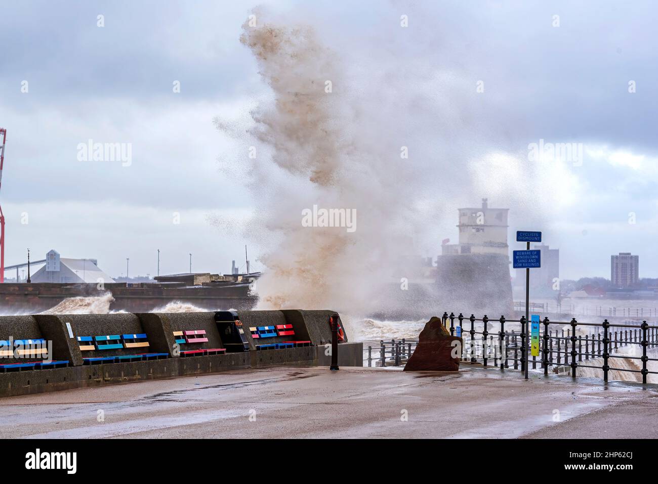 Liverpool, UK. 18th Feb, 2022. Large waves created by high winds and ...