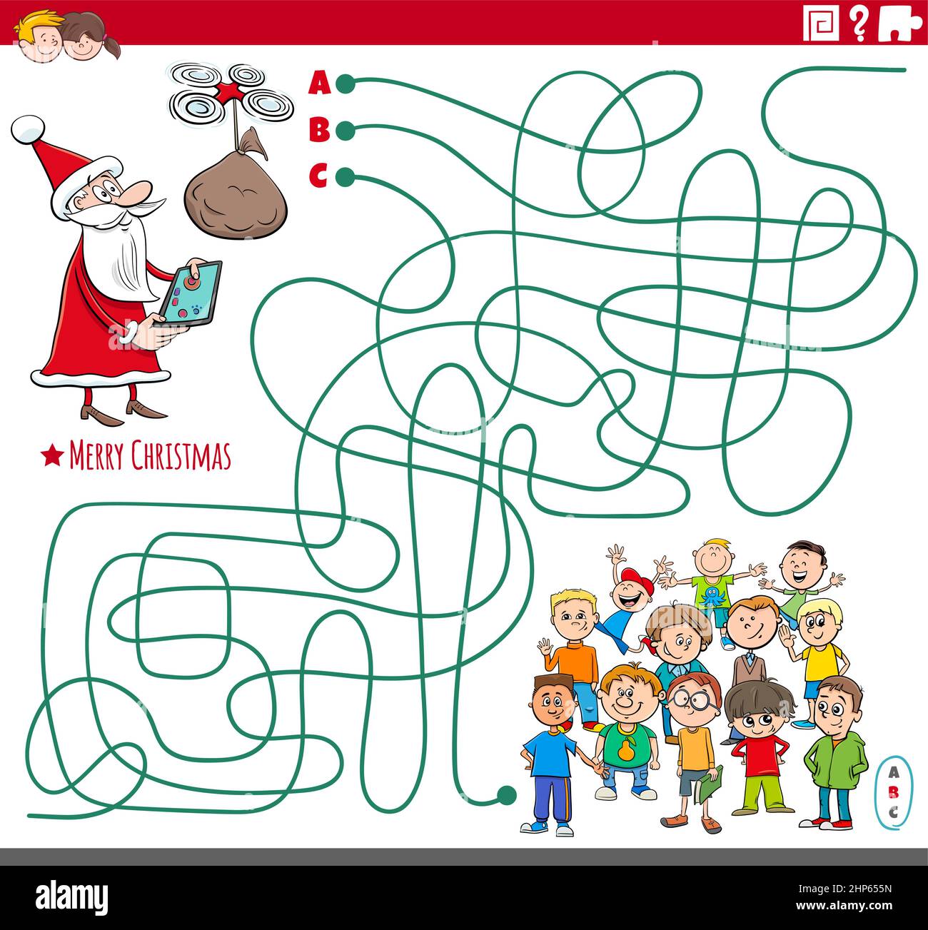 lines maze game with cartoon Santa Claus and children Stock Vector ...
