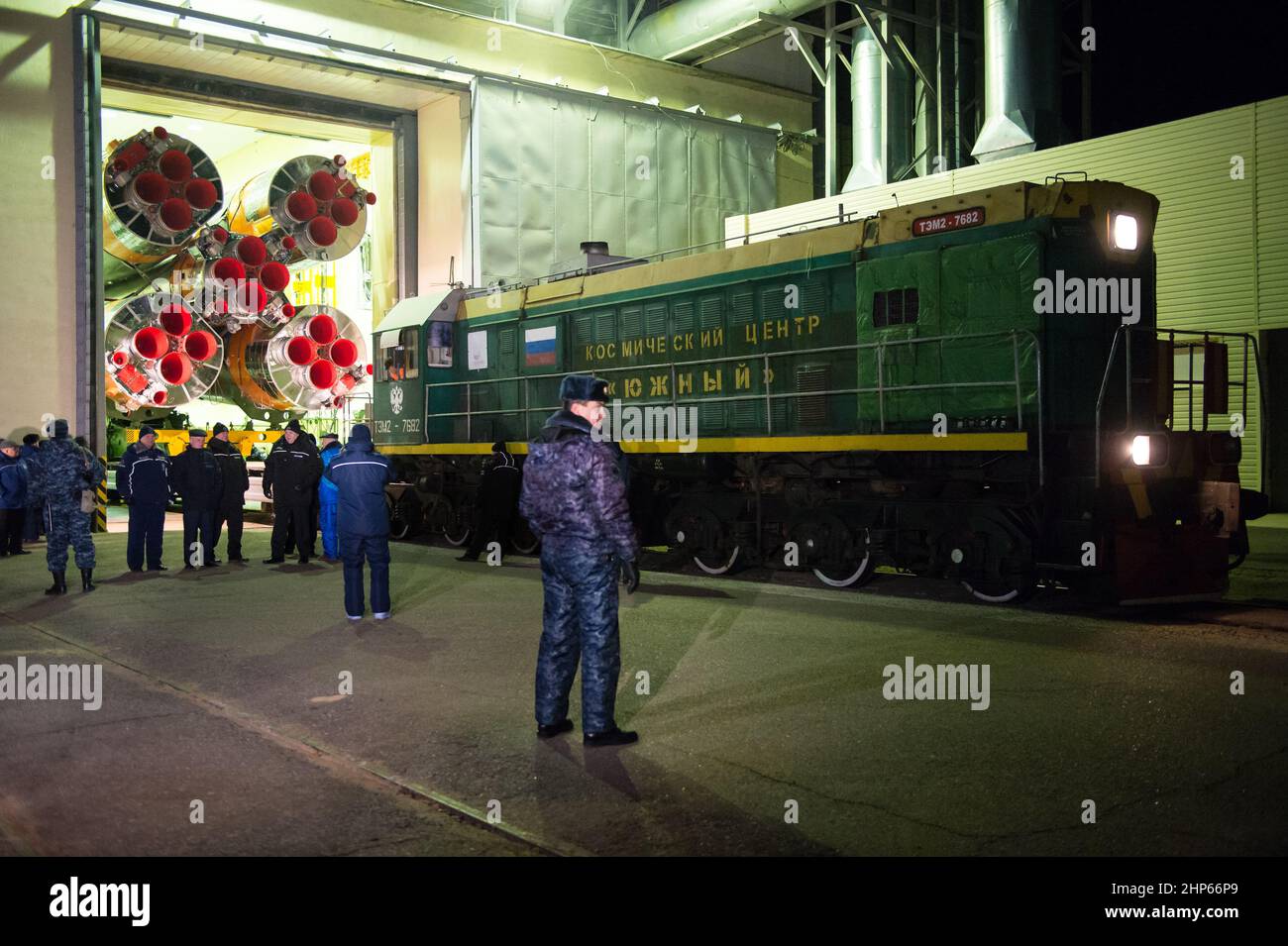 The Soyuz TMA-15M spacecraft is rolled out to the launch pad by train ...
