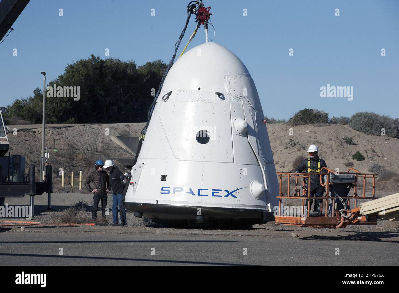 A SpaceX Dragon test article is seen prior to a test to evaluate its ...