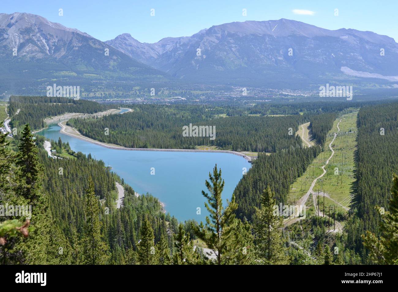 Town of Canmore and surrounding mountain landscape viewed from scenic ...