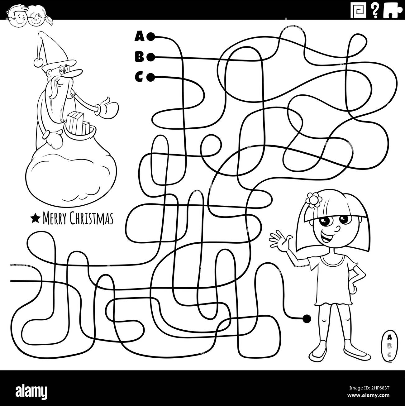 maze with Santa Claus with gifts and girl coloring book page Stock ...