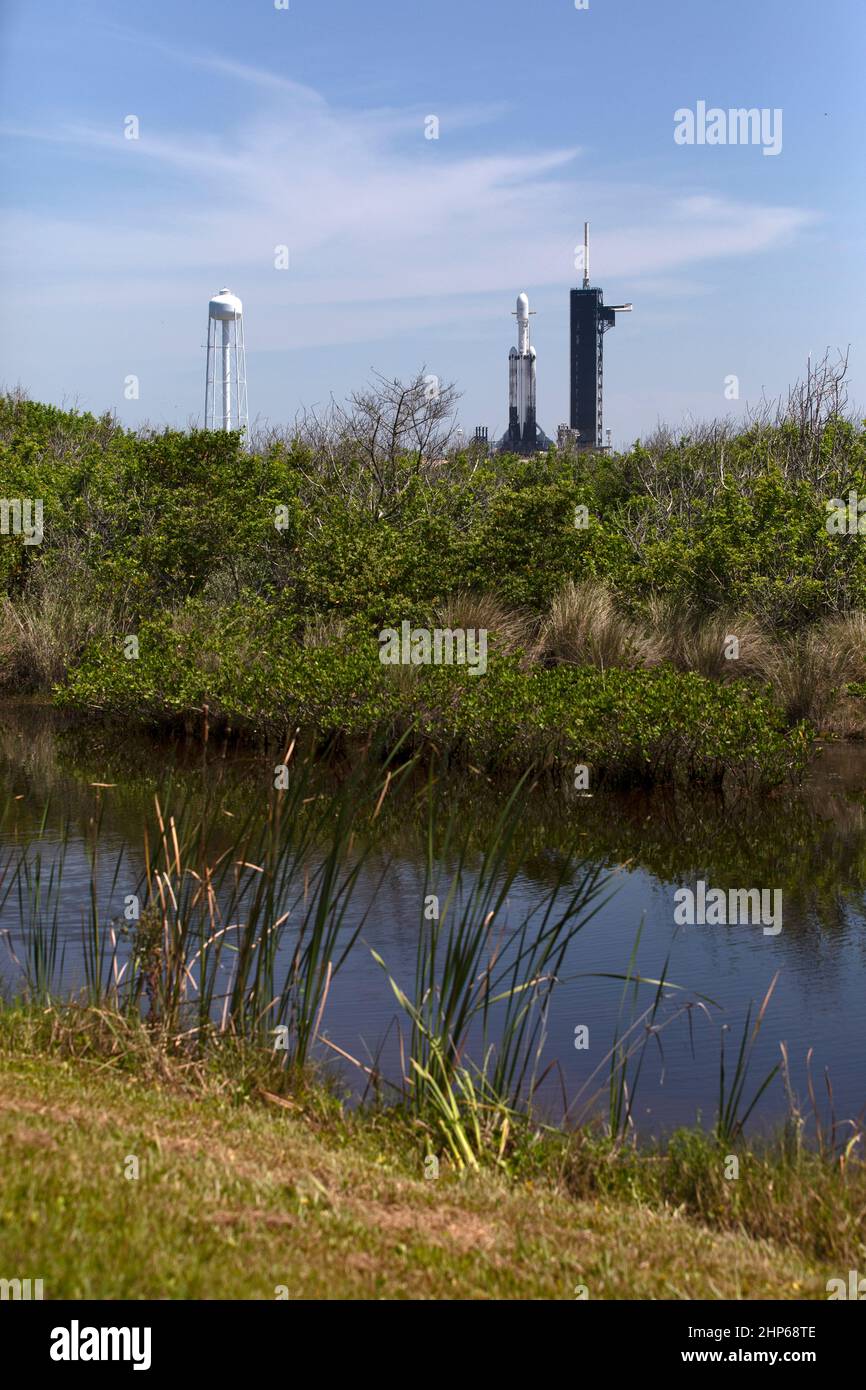 A SpaceX Falcon Heavy rocket is ready for launch on the pad at Launch ...