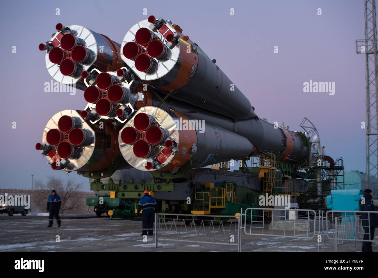 The Soyuz booster rocket and MS-11 spacecraft is seen as it arrives at ...