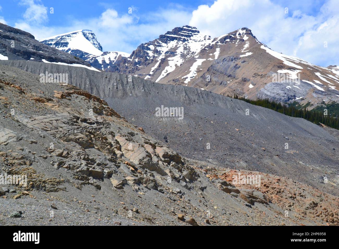Blue sky over glacial moraine landscape at Athabasca Glacier in Jasper ...