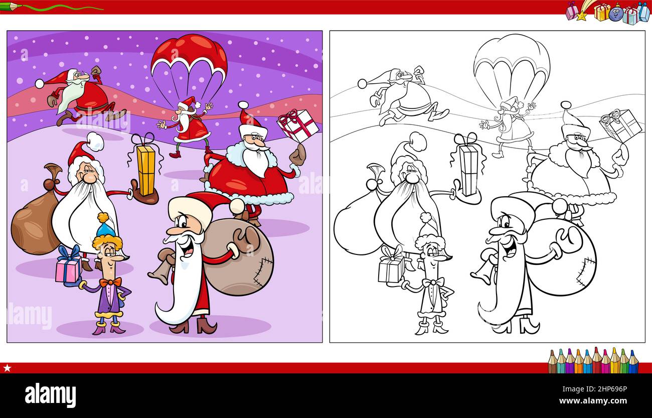 Santa Claus characters with presents coloring book page Stock Vector ...