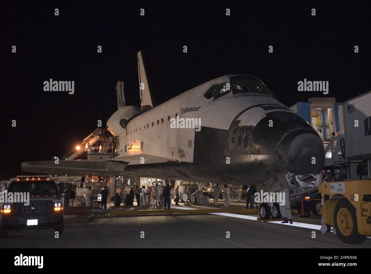 Space shuttle Endeavour is prepared for transport to the Orbiter ...