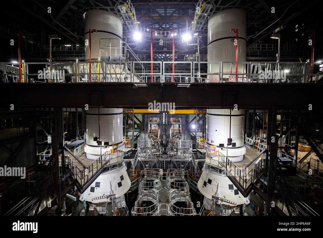 Also in view is the left-hand booster stack. Workers with Exploration ...