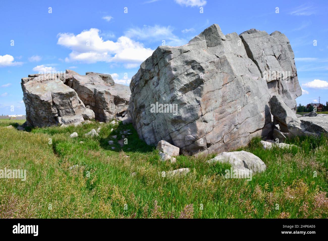 Okotoks erratic (Big Rock) boulders on bright Summer day Stock Photo ...