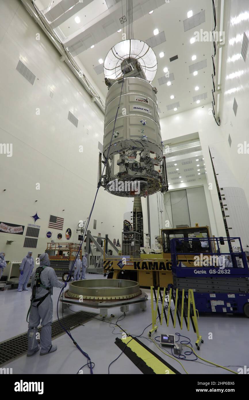 A crane lifts Orbital ATK's CYGNUS pressurized cargo module up and away ...