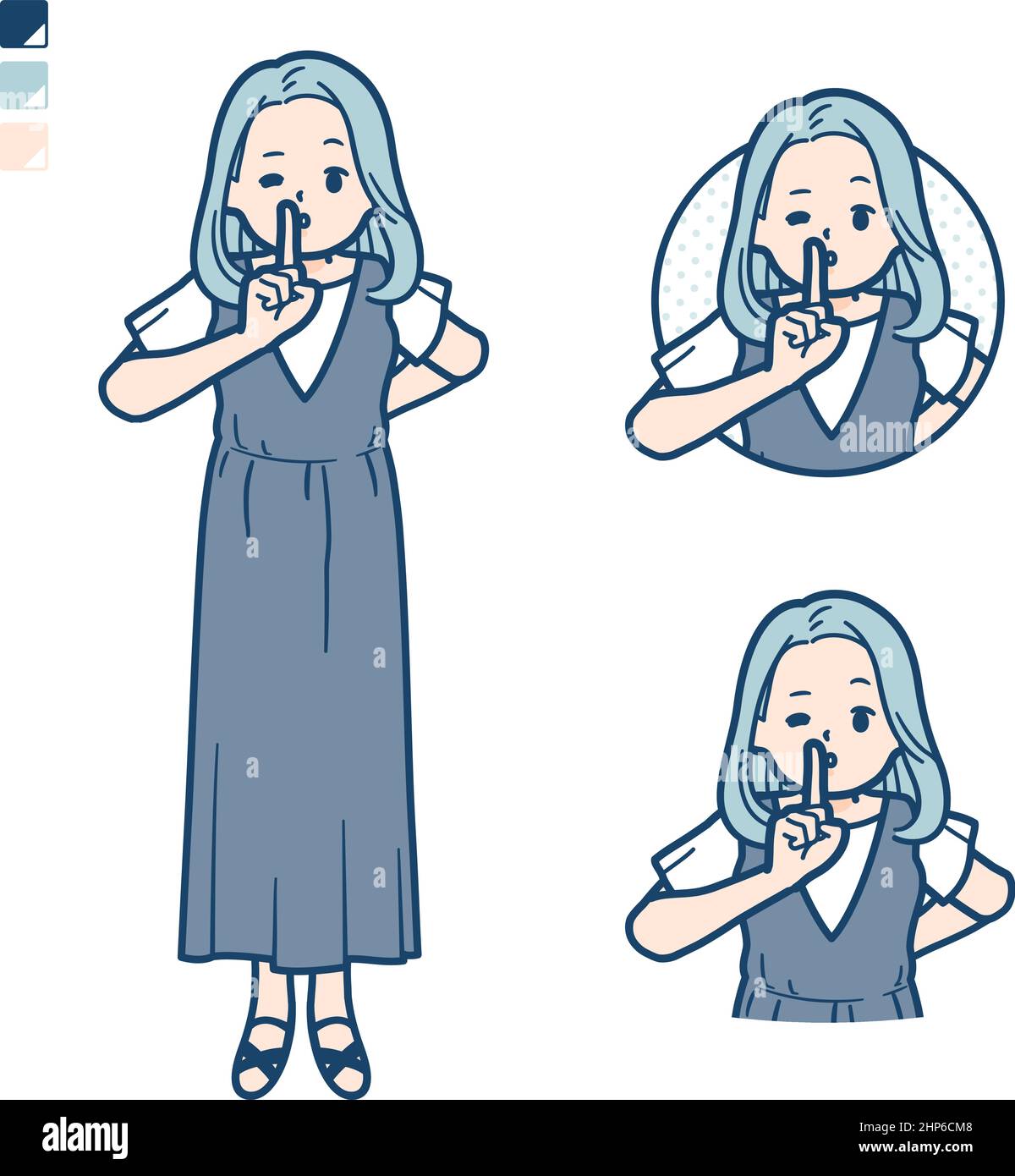 A young woman in a sleeveless dress with be quiet hand sign images.It's ...