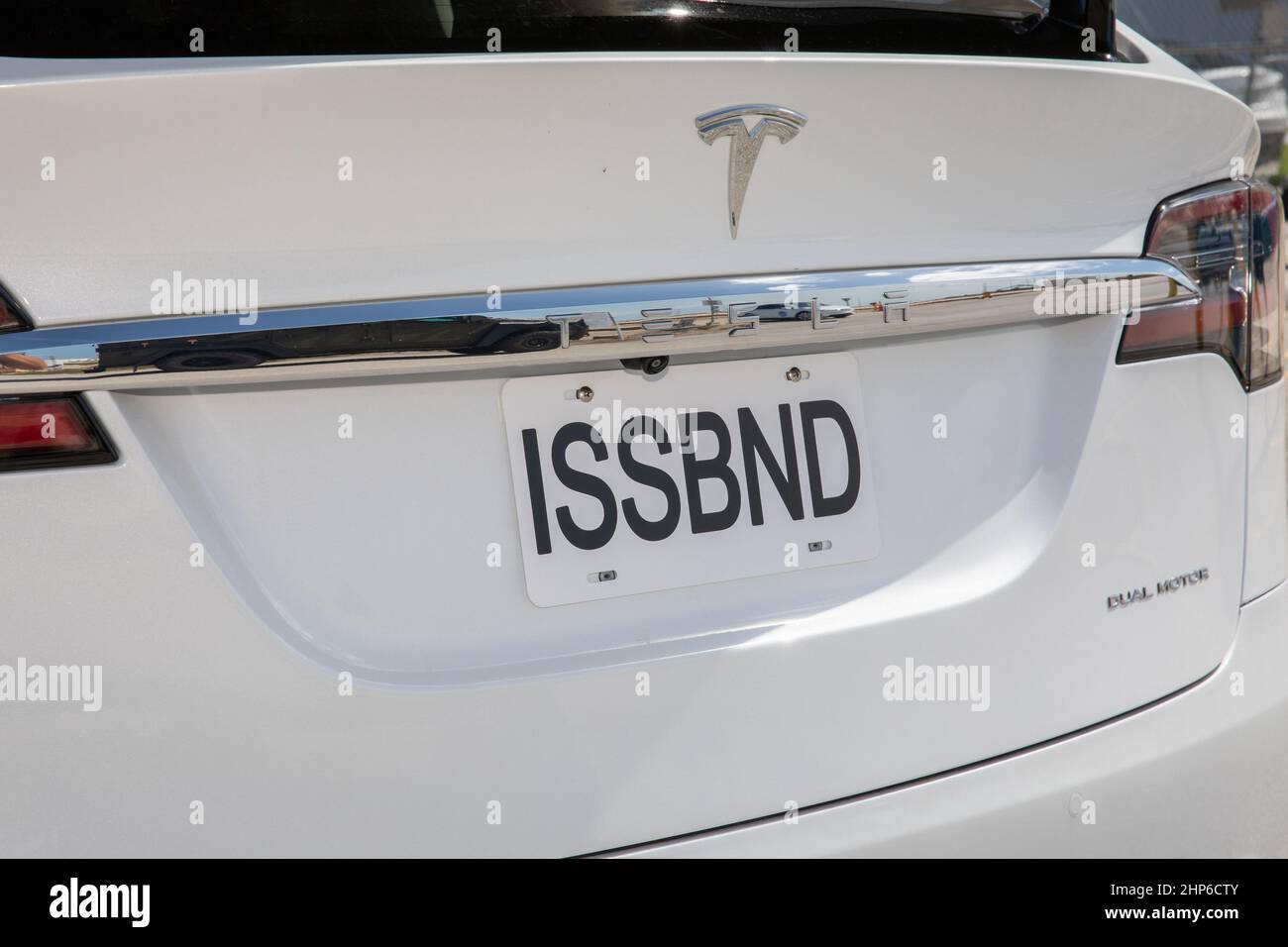 A Tesla with a tag that reads “ISSBND” is photographed at historic ...