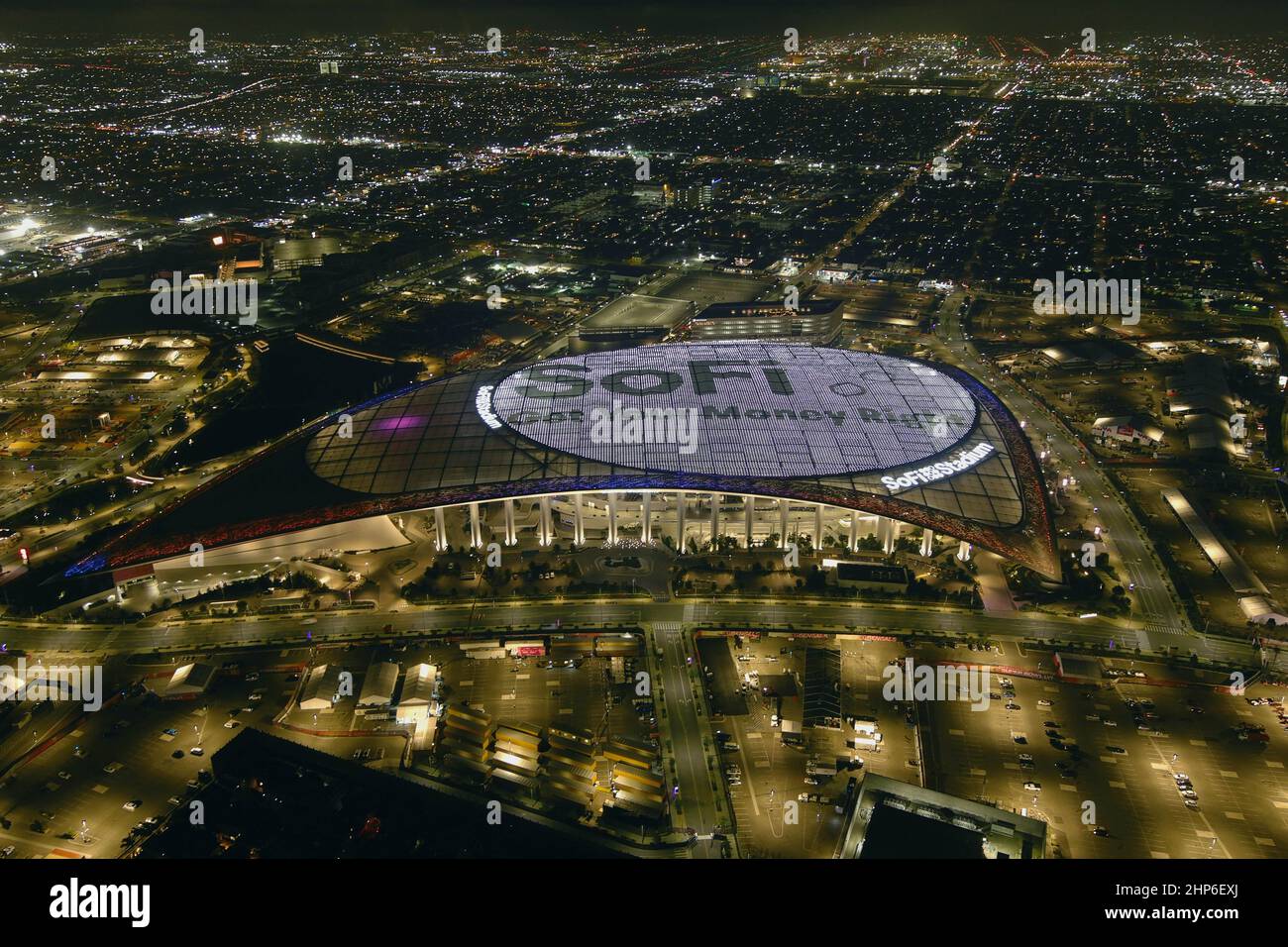 An aerial view of SoFi Stadium, Monday, Feb., 14, 2022, in Inglewood ...
