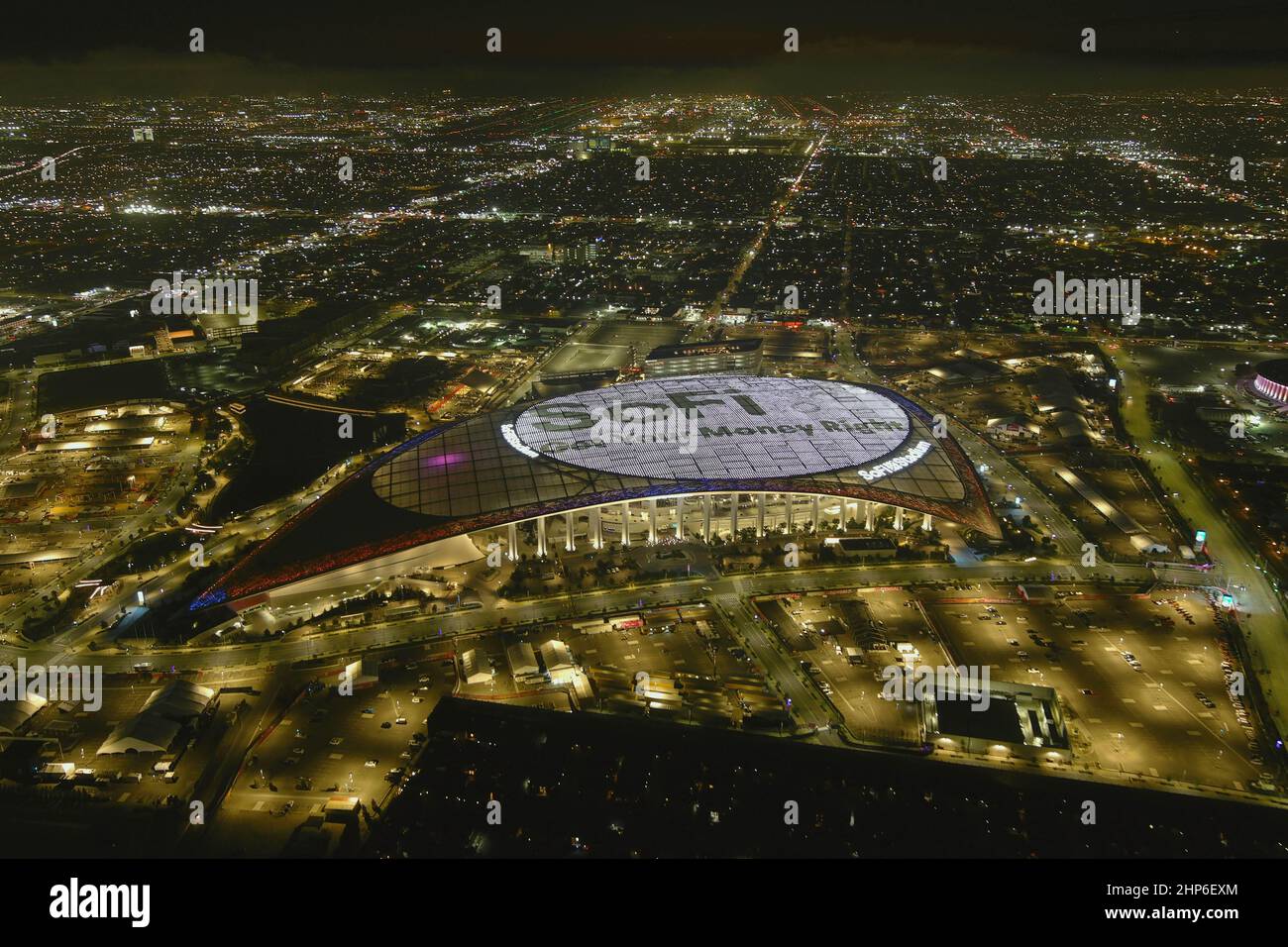 An aerial view of SoFi Stadium, Monday, Feb., 14, 2022, in Inglewood ...
