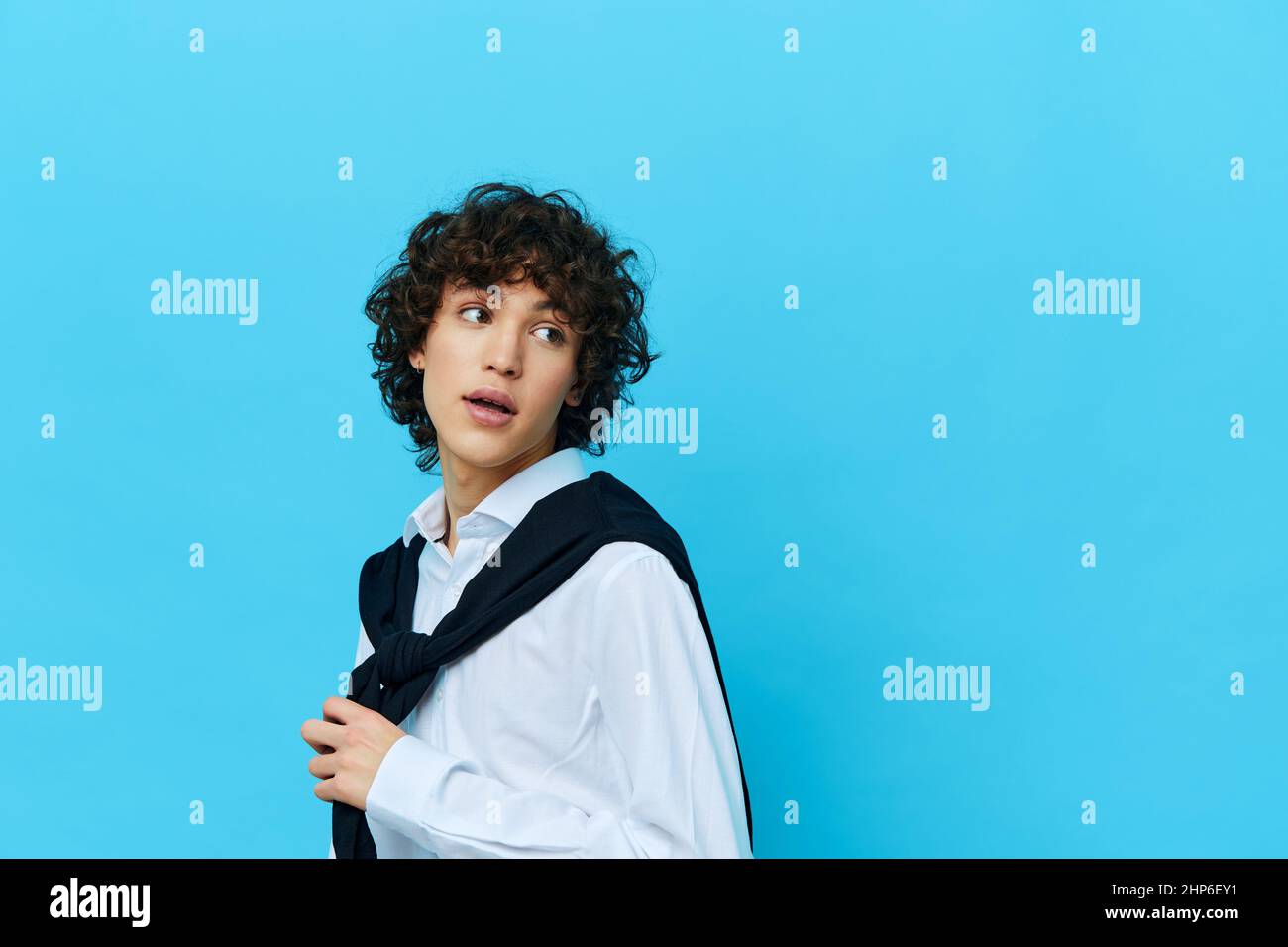 curly guy portrait emotions hand gestures isolated backgrounds Stock ...