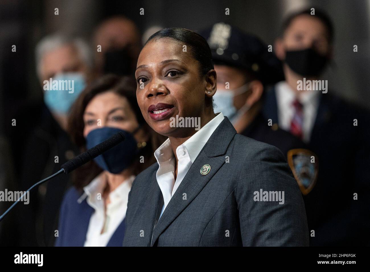 New York, New York, USA. 18th Feb, 2022. Police Commissioner Keechant Sewell speaks during ...