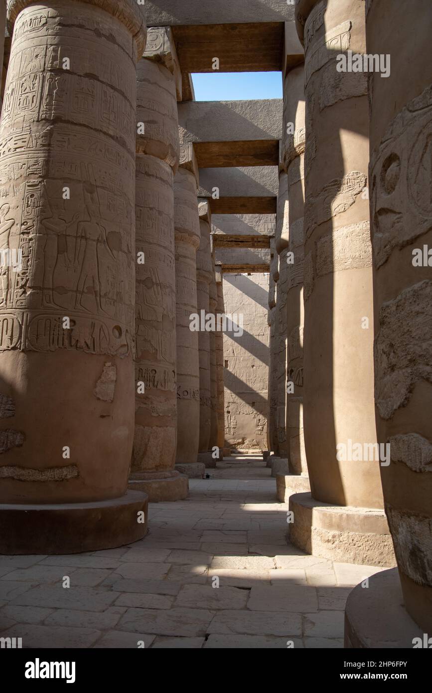 Columns in Great Hypostyle Hall at the Temple of Karnak (ancient Thebes ...
