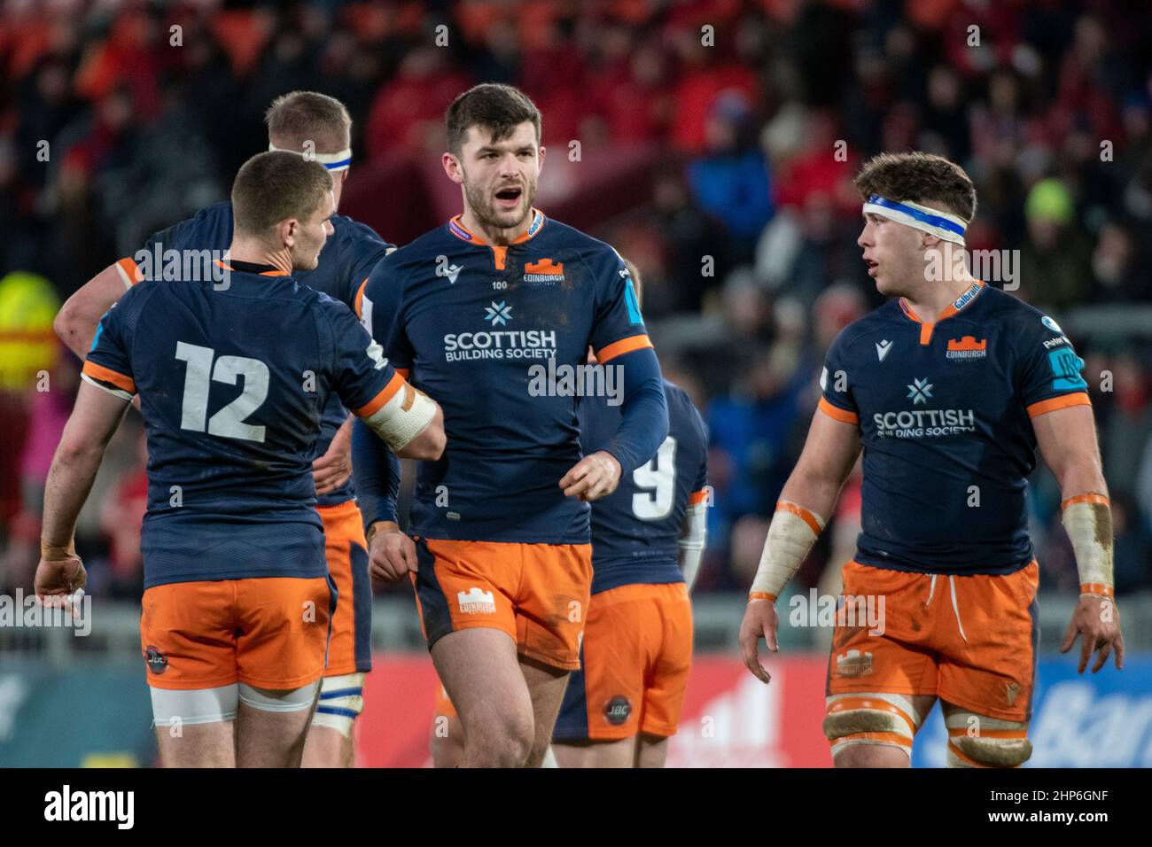 Blair Kinghorn of Edinburgh talks to James Lang of Edinburgh and Connor ...