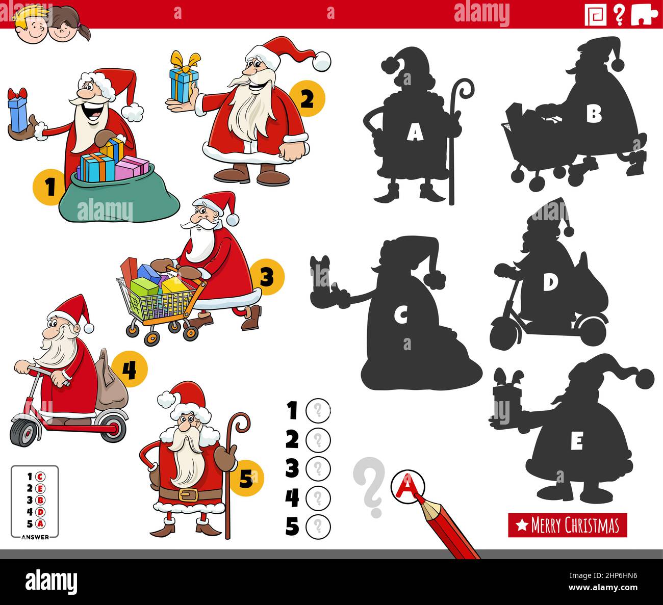 shadows game with cartoon Santa Claus Christmas characters Stock Vector ...