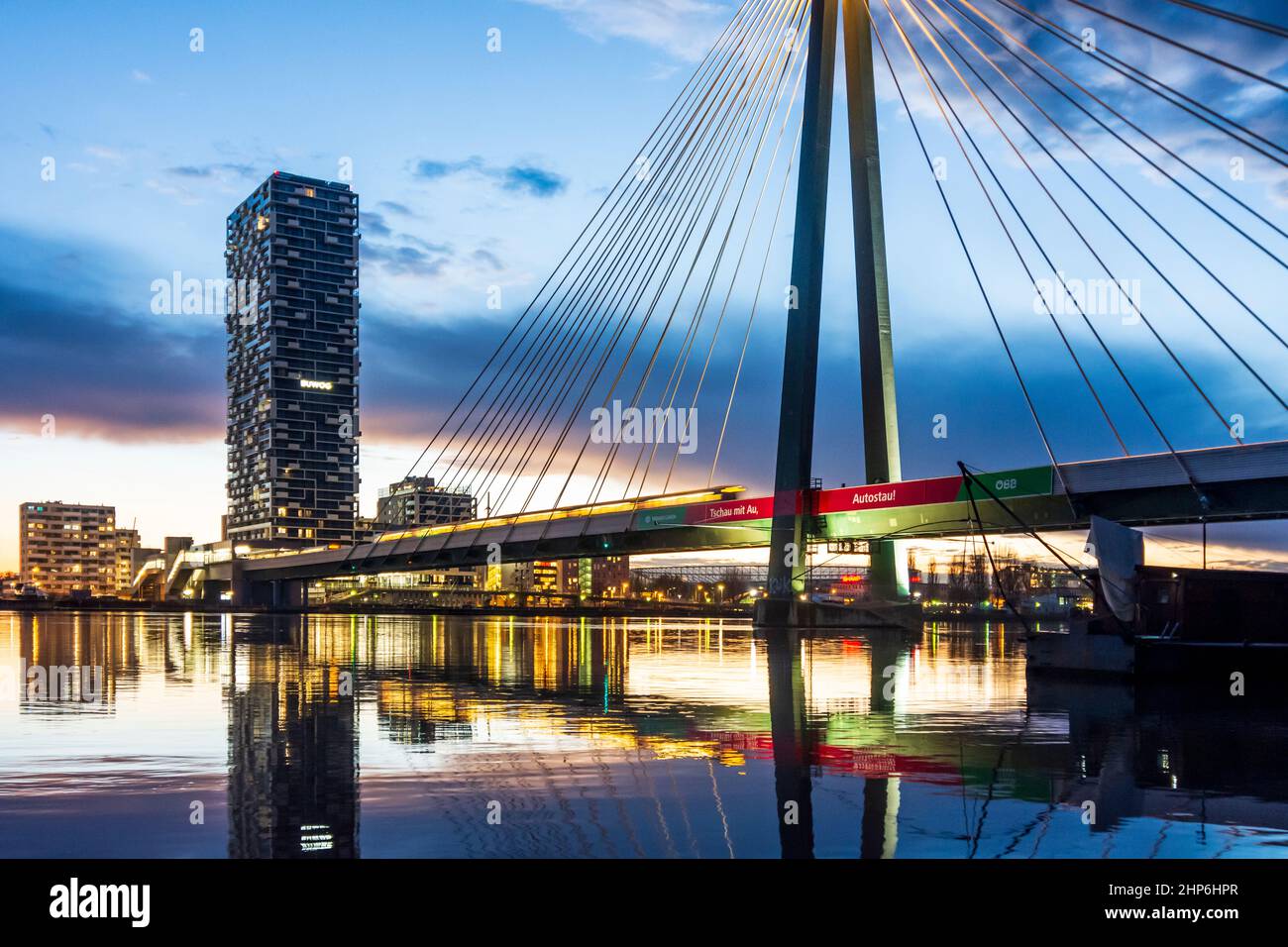 Wien, Vienna: river Donau (Danube), high-rise Marina Tower, subway ...