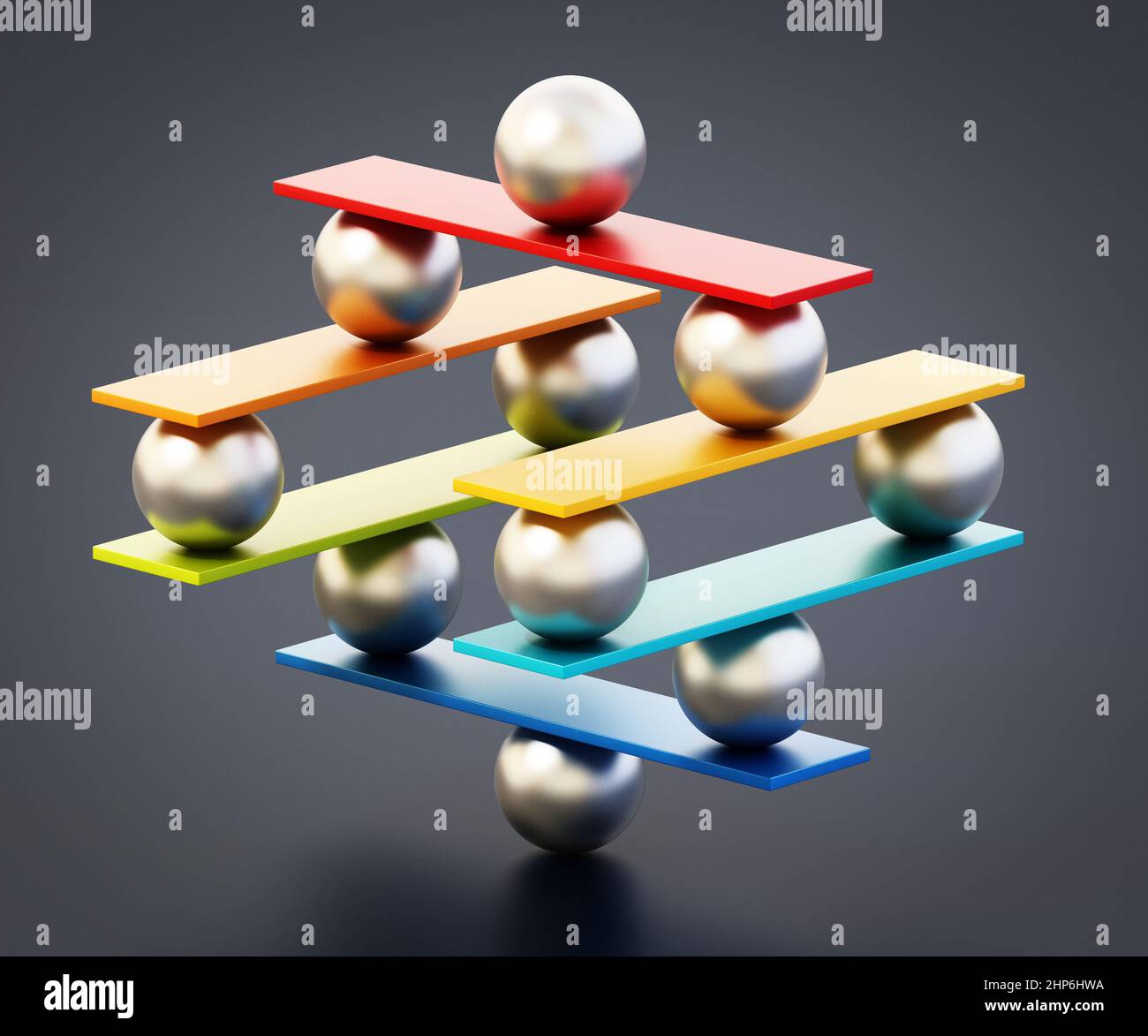 Metal spheres and boards staying in balance. 3D illustration Stock ...