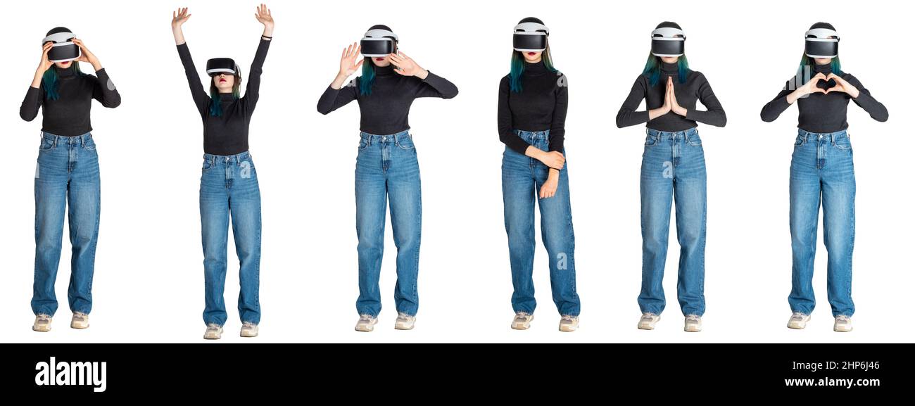 Set of teenage girl using vr headset makes different gestures on white ...