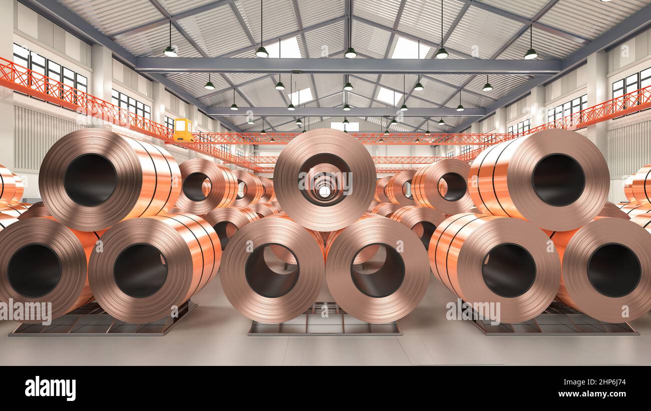 3d rendering roll of copper sheets or heap of copper tapes in factory ...