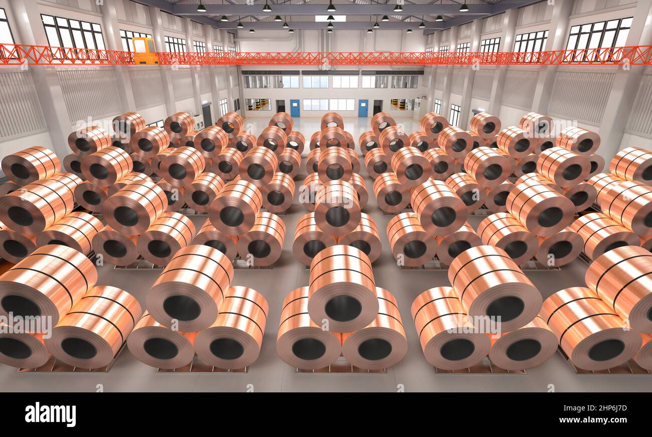 3d rendering roll of copper sheets or heap of copper tapes in factory ...