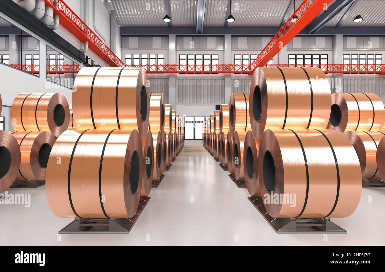 3d rendering roll of copper sheets or heap of copper tapes in factory ...