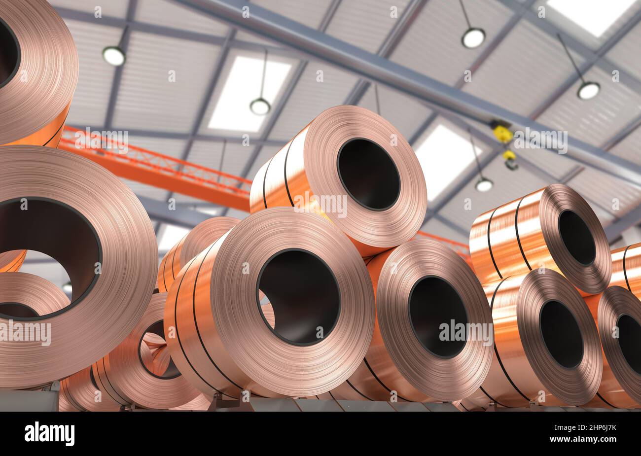 3d rendering roll of copper sheets or heap of copper tapes in factory ...