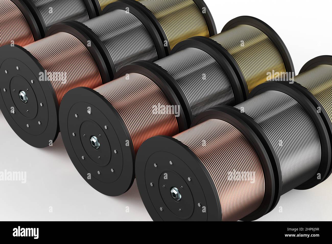 3d rendering group of metal, brass and copper coils or wires Stock ...