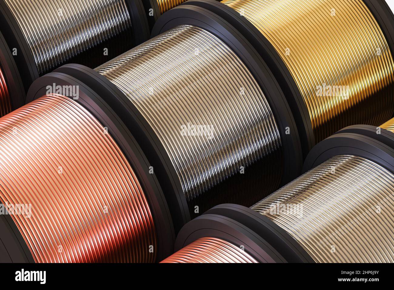 3d rendering group of metal, brass and copper coils or wires Stock ...