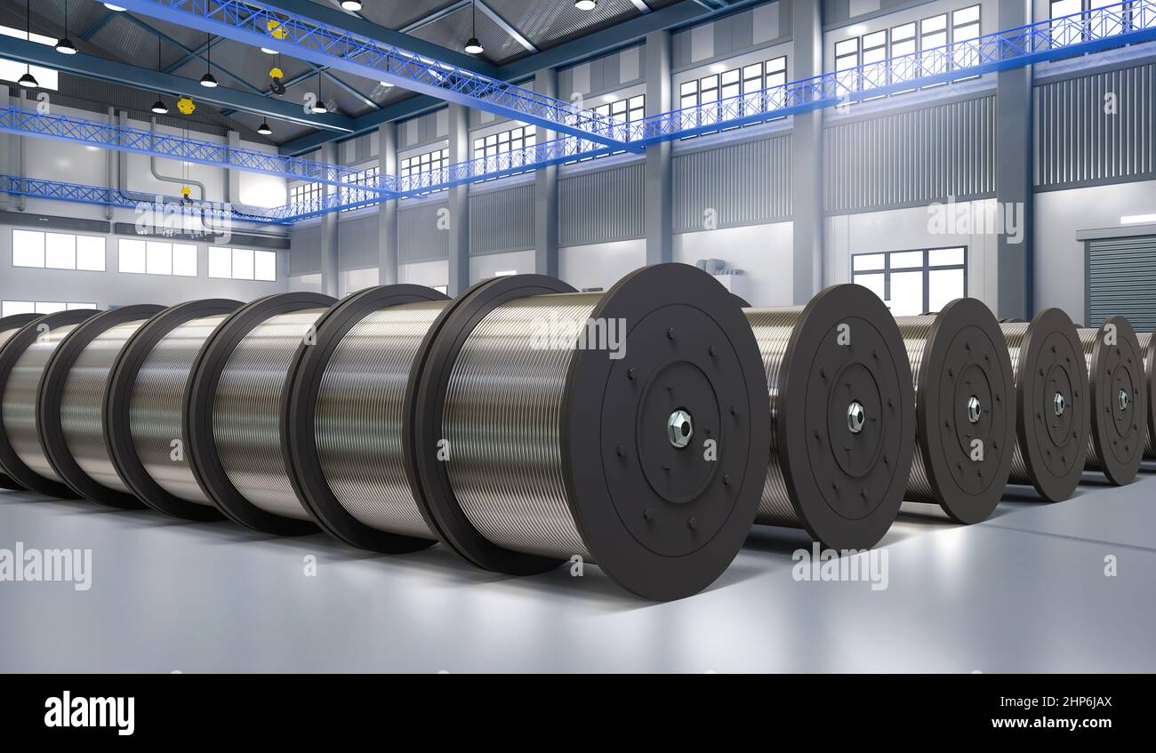 3d rendering group of metal coils or wires in factory Stock Photo - Alamy