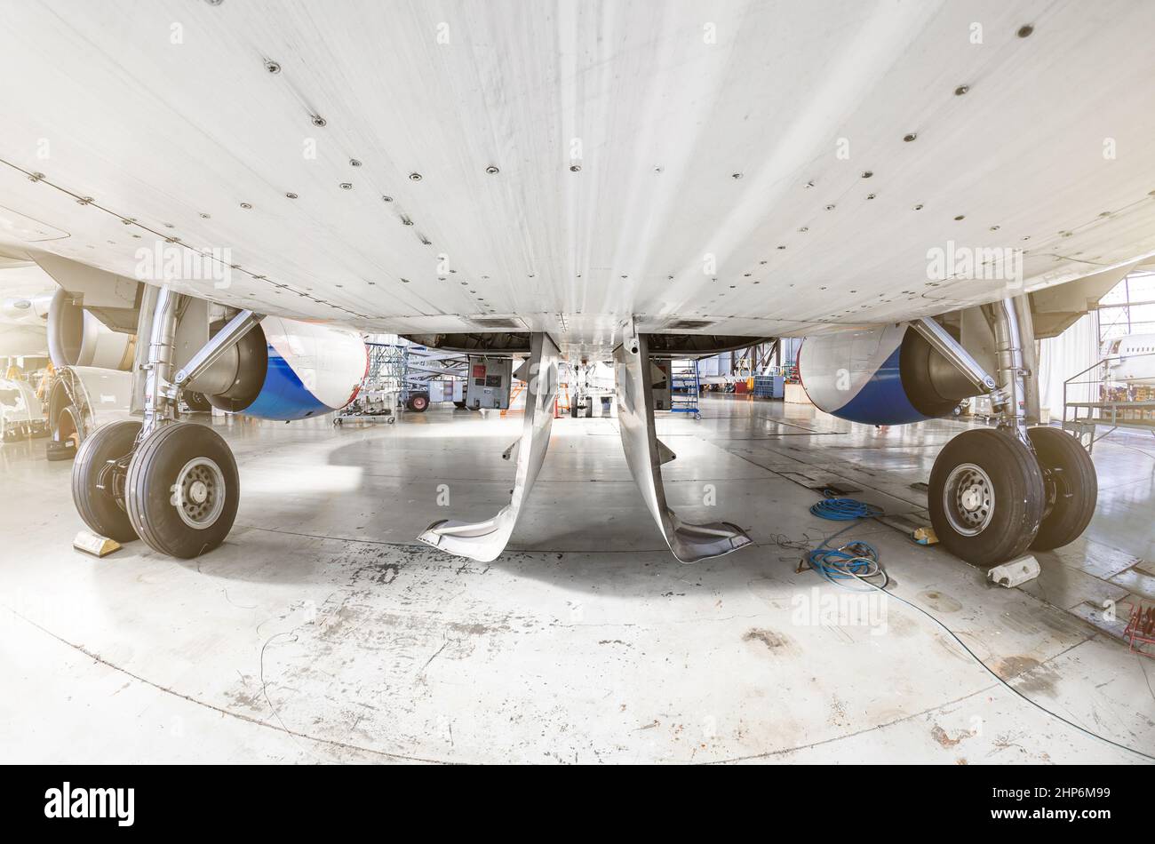 View from under the aircraft between the chassis racks of wheels in the ...