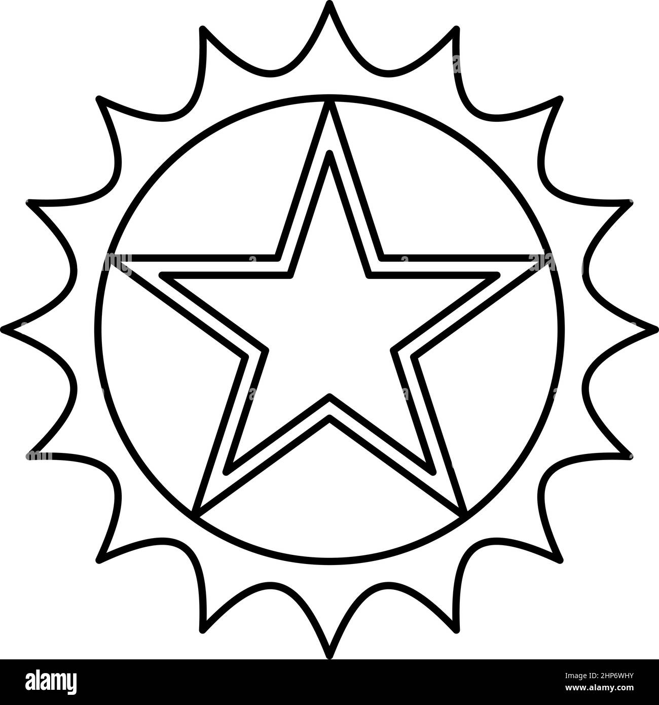 Star in circle with sharp edges contour outline icon black color vector ...