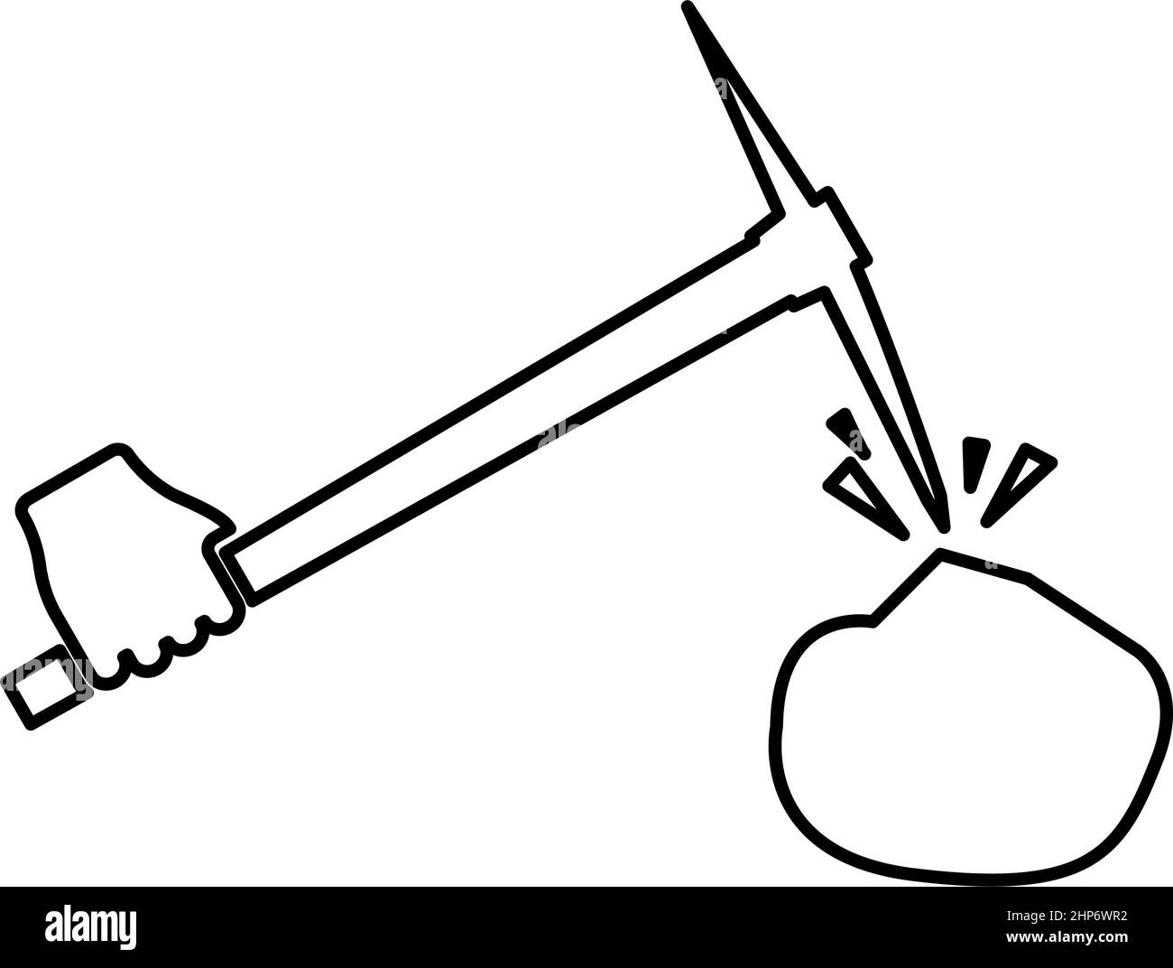 Pickaxe hit stone in hand contour outline icon black color vector ...