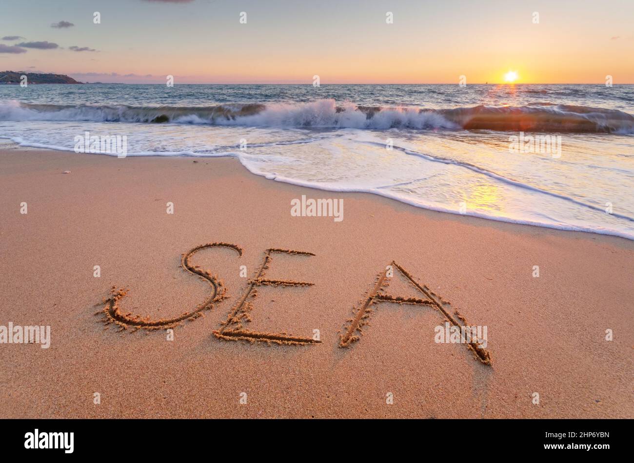 Sea word on the beach. Element of design Stock Photo - Alamy