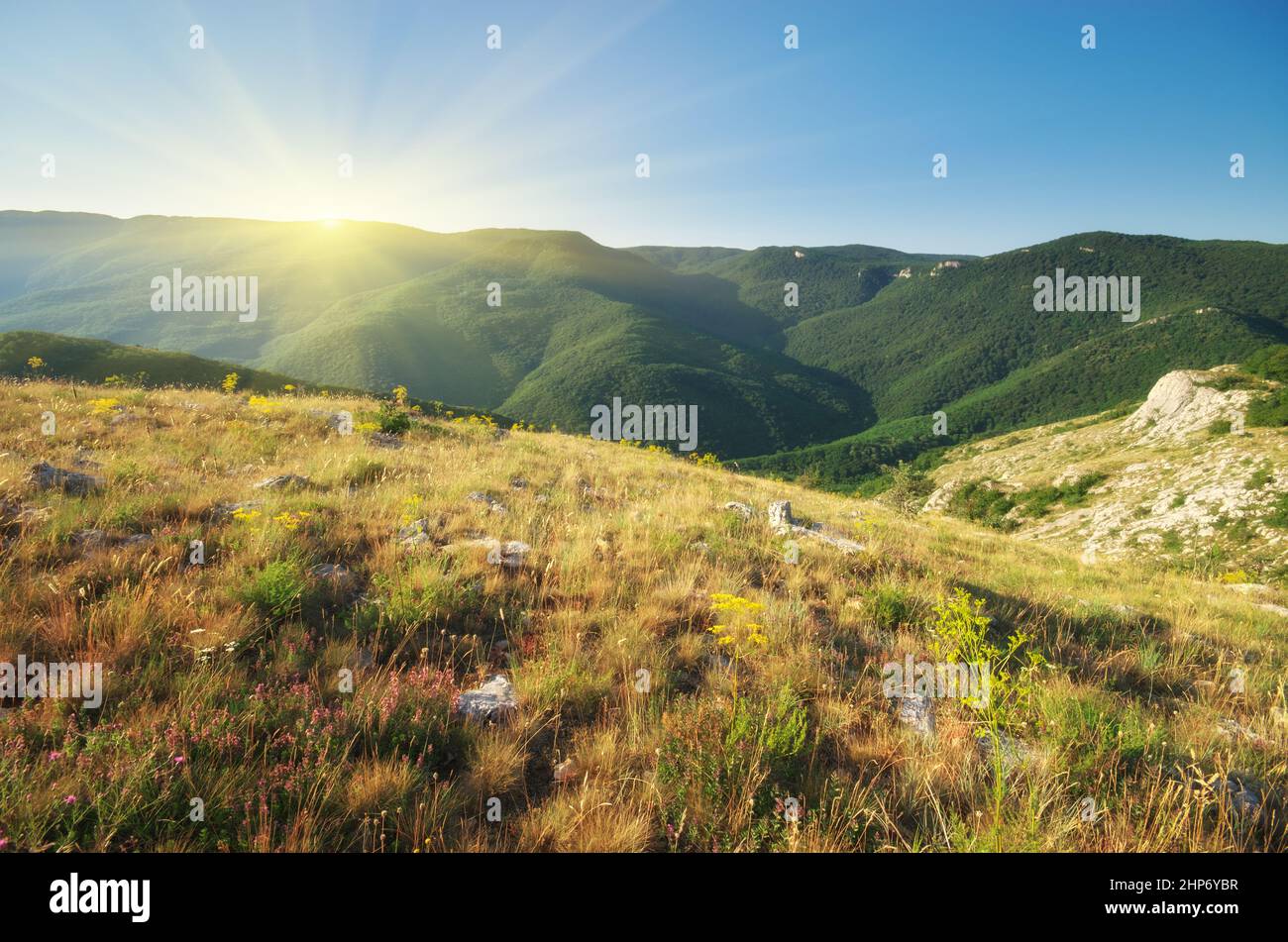Mountain hill during sunrise. Natural spring landscape Stock Photo - Alamy