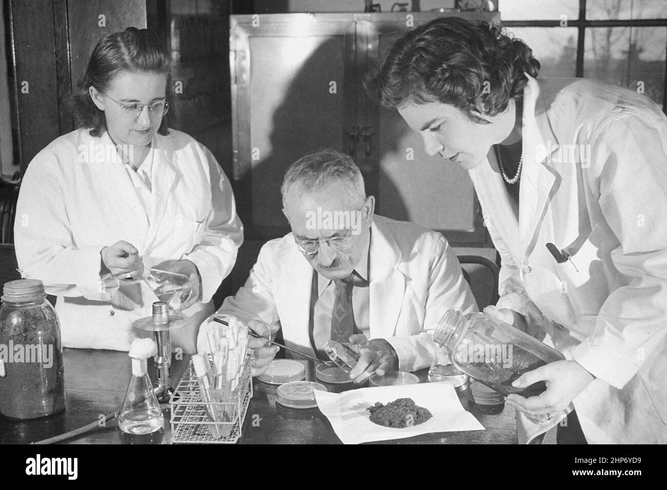 Selman Waksman and two female associates testing Streptomycin, a ...