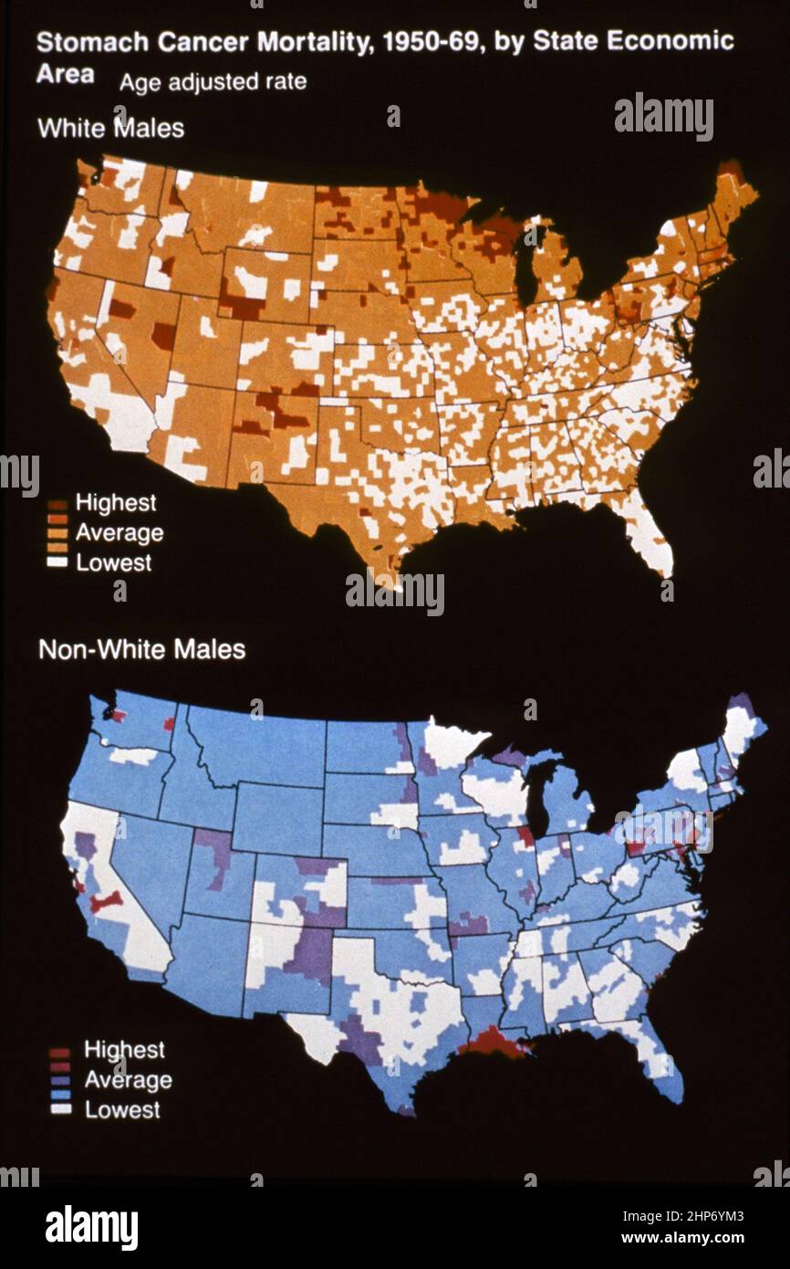 Stomach cancer mortality, 1950-69, by U.S. state economic area. Top map ...