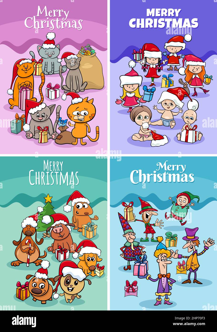 greeting cards set with cartoon Christmas characters Stock Vector Image ...
