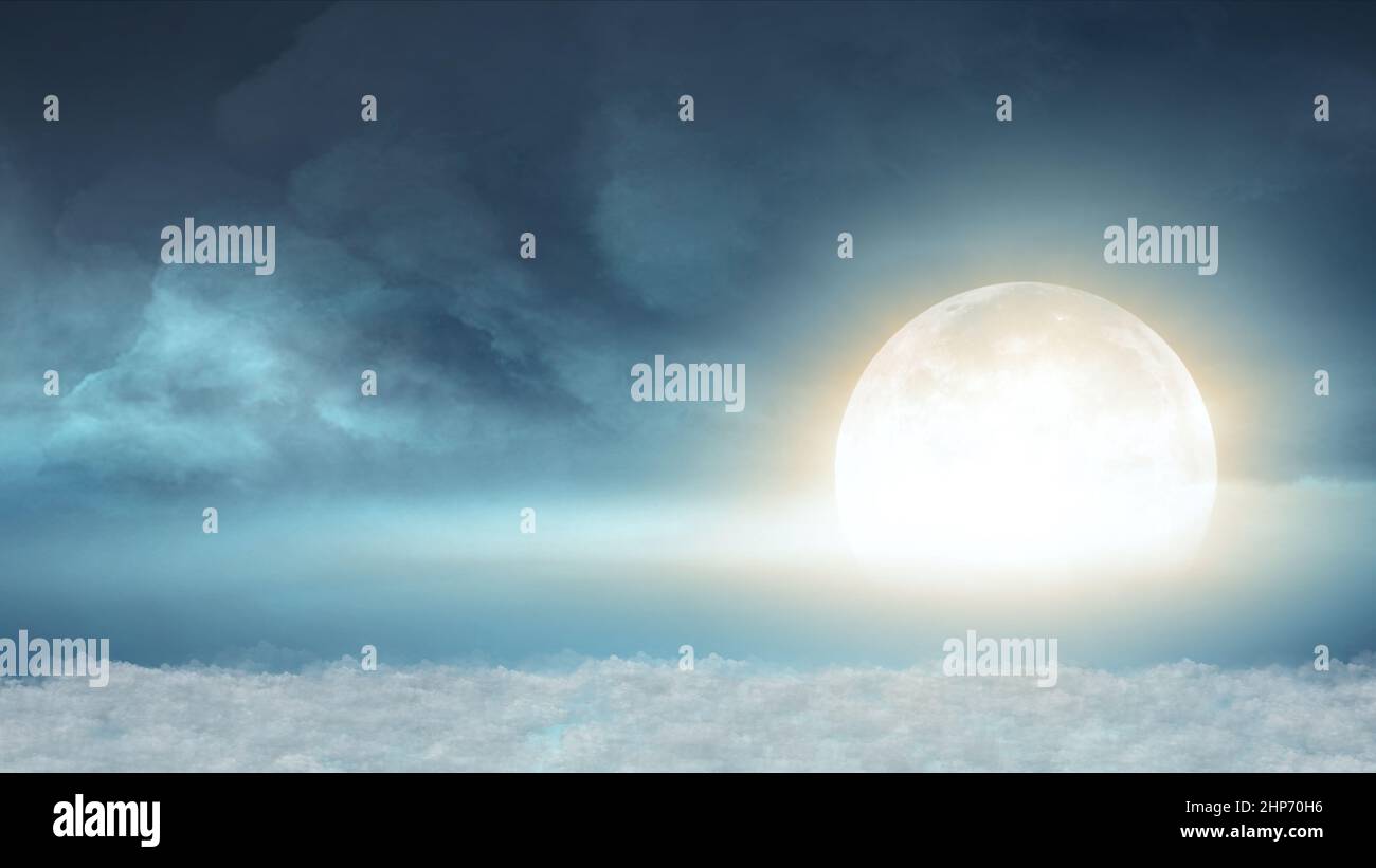 Beautiful realistic flight over cumulus lush clouds in the night ...