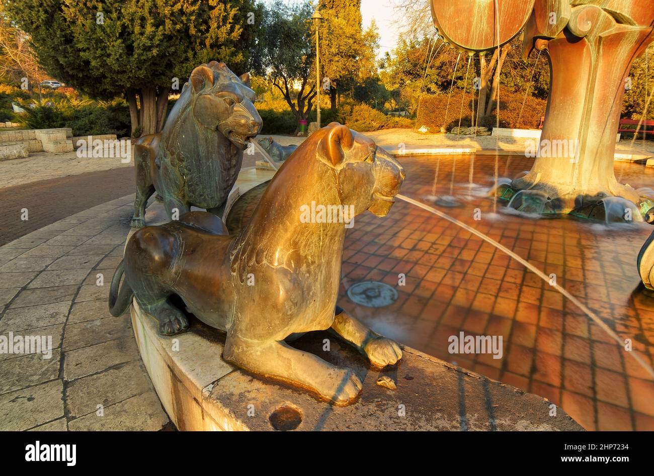 Historical lion statue at the fountain near the cathedral in Cologne ...