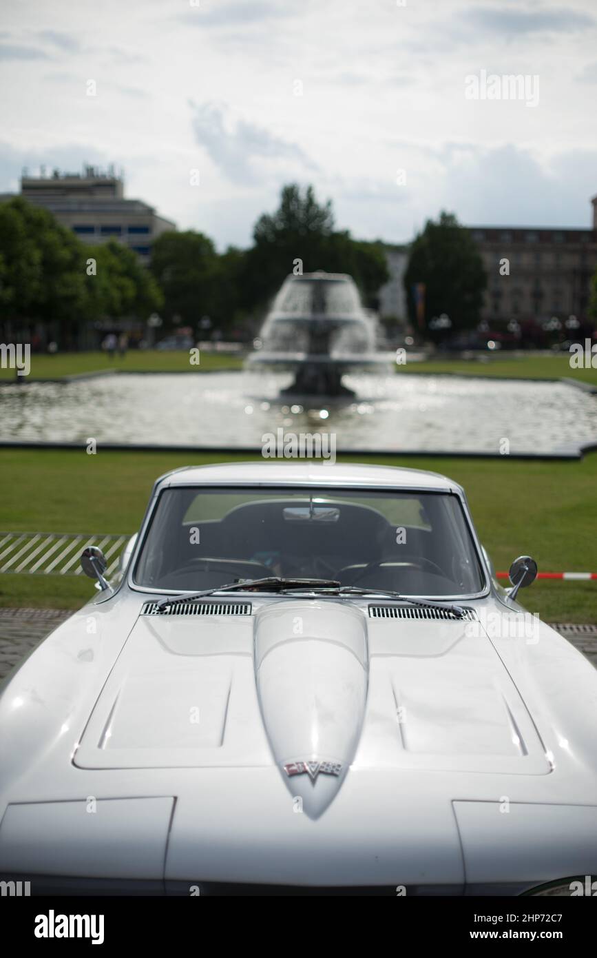 Front view of an old white classic vintage retro car parked outdoors ...