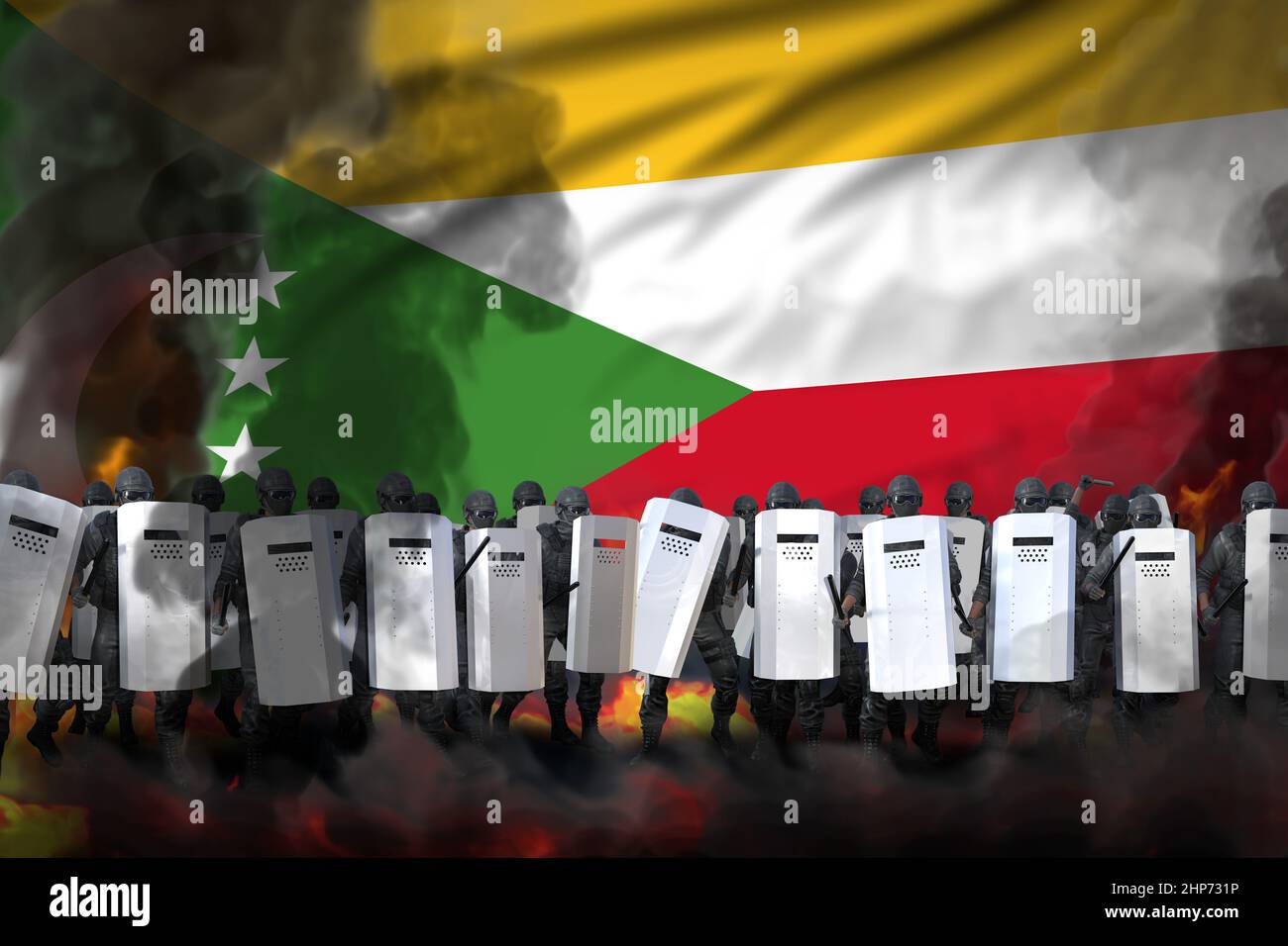 Comoros protest stopping concept, police officers in heavy smoke and ...