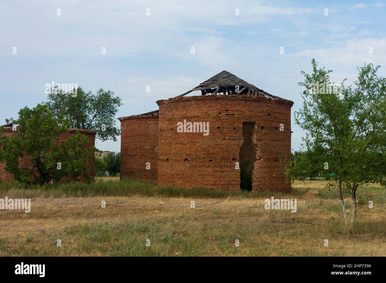 Round water tower building. Old engineering building of the last ...