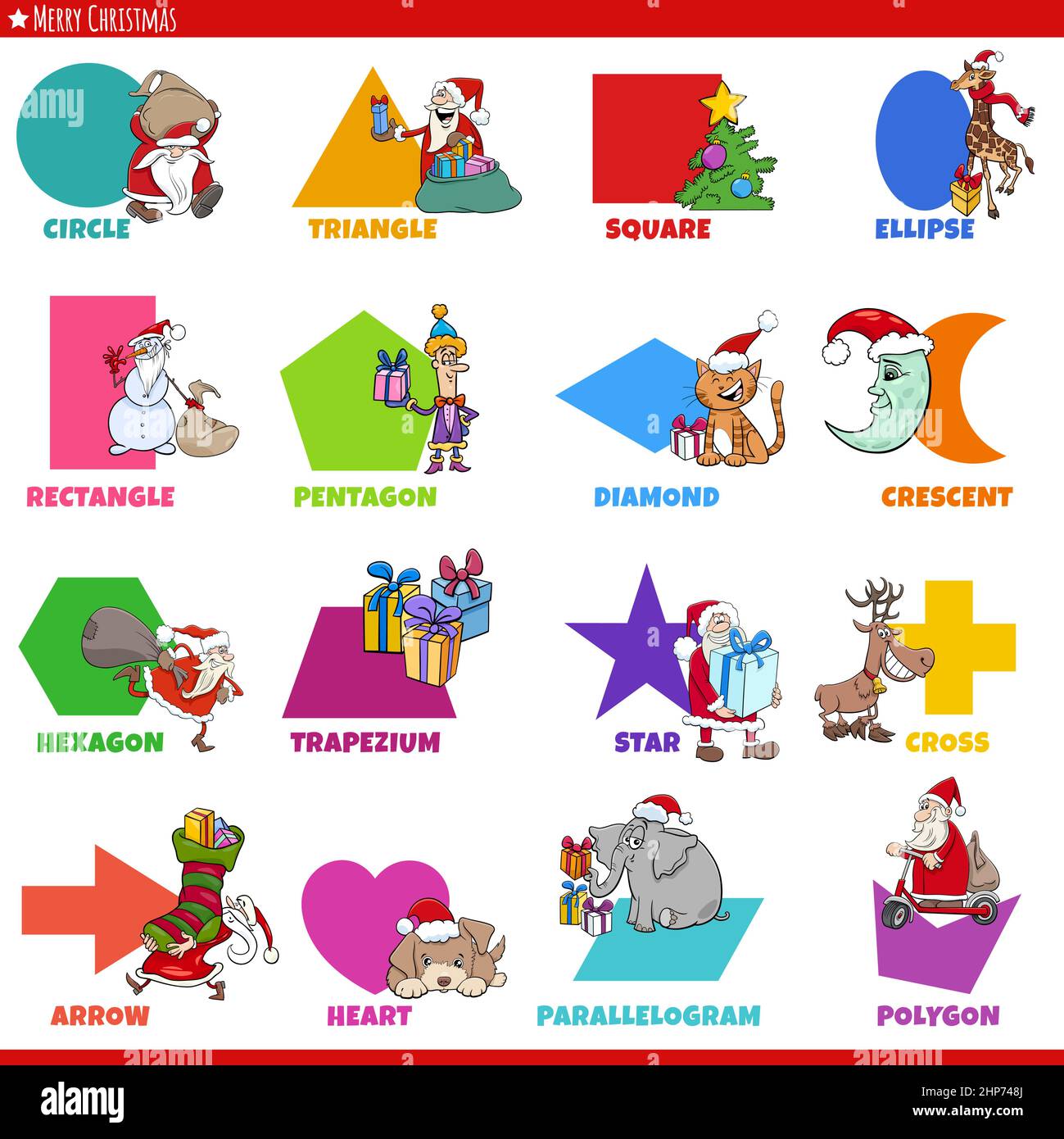 basic geometric shapes with comic Christmas characters set Stock Vector ...